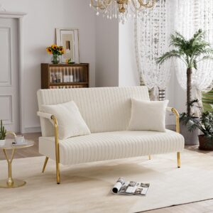 wrofly 59" small loveseat sofa, modern 2 seater sofa couch, upholstered love seat couch with 2 pillows, gold metal legs, perfect for living room, bedroom, small space, beige white velvet