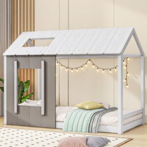 Merax House Platform with Roof and Window, Antique Grey+Antique White