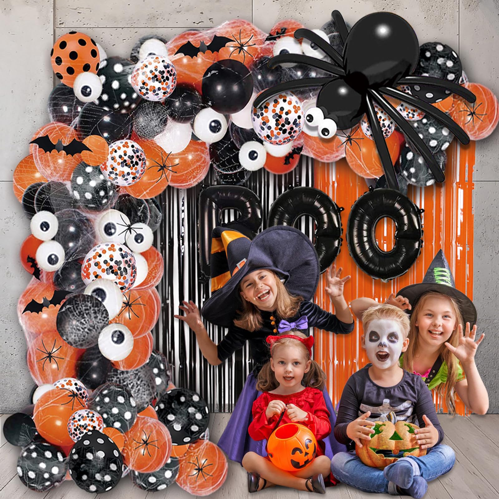 AIBIIN 116 Halloween Party Balloons Halloween Balloon Arch Garland Kit Black Orange Confetti Balloons Orange Black Foil Fringe Curtain Halloween Spooky Boo Birthday Baby Shower Party Balloons Supplies