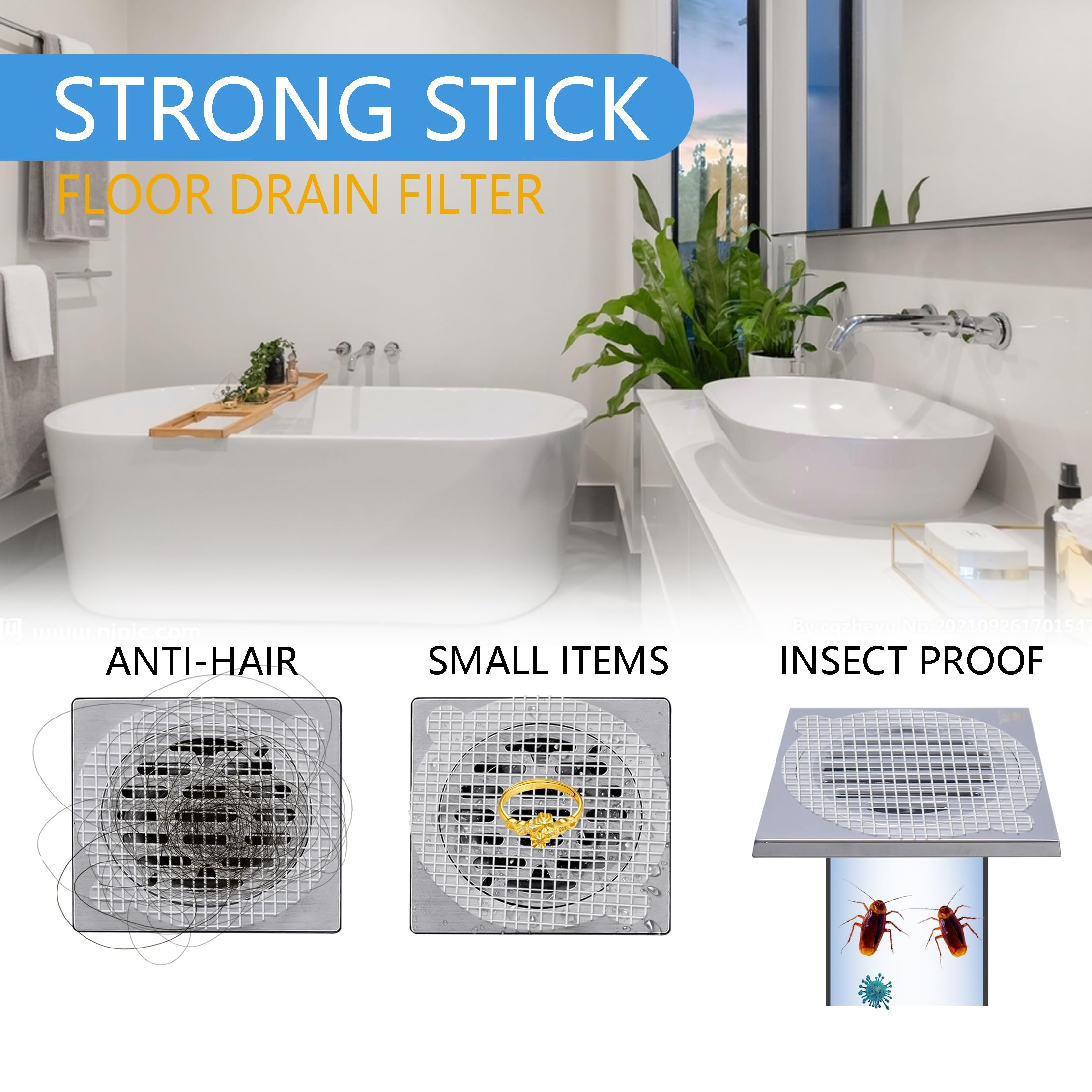 Melfluo 50 Pcs Disposable Shower Drain Cover Hair Catcher,Floor Drain Sticker，Drain Cover Sticker，Bathroom，Kitchen，Bathtub,Laundry,Shower Drain Stickers for Hair