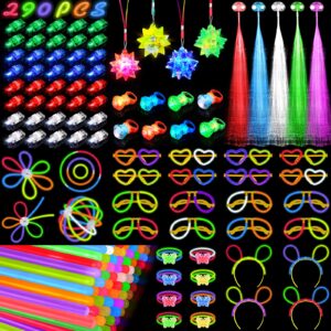 glow in the dark party supplies for kids adults, light up party favors with 57 led light up toys, 100 glow sticks bulk diy glow necklaces glasses bracelets headband, neon party supplies & decorations