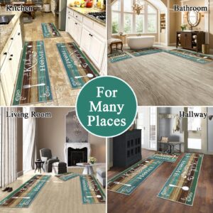 Vaukki Boho Kitchen Rug Sets 3 Pieces, Washable Kitchen Mats for Floor, Non Slip Soft Kitchen Area Rug Floor Mat for Kitchen, Laundry Room and Hallway (Teal, 20''x32''+20''x47''+20''x59'')