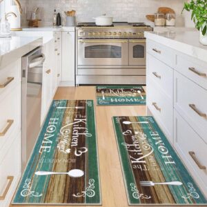 vaukki boho kitchen rug sets 3 pieces, washable kitchen mats for floor, non slip soft kitchen area rug floor mat for kitchen, laundry room and hallway (teal, 20''x32''+20''x47''+20''x59'')