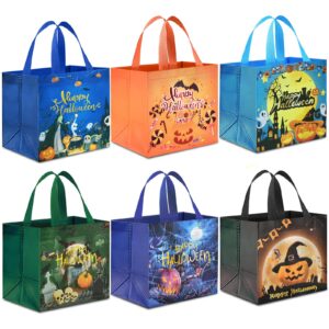 ahfulife 6 pcs halloween trick or treat bags, halloween candy tote bags with handles, reusable halloween non-woven gift bags for halloween party supplies favors (7.8×7.8×5.9’’)