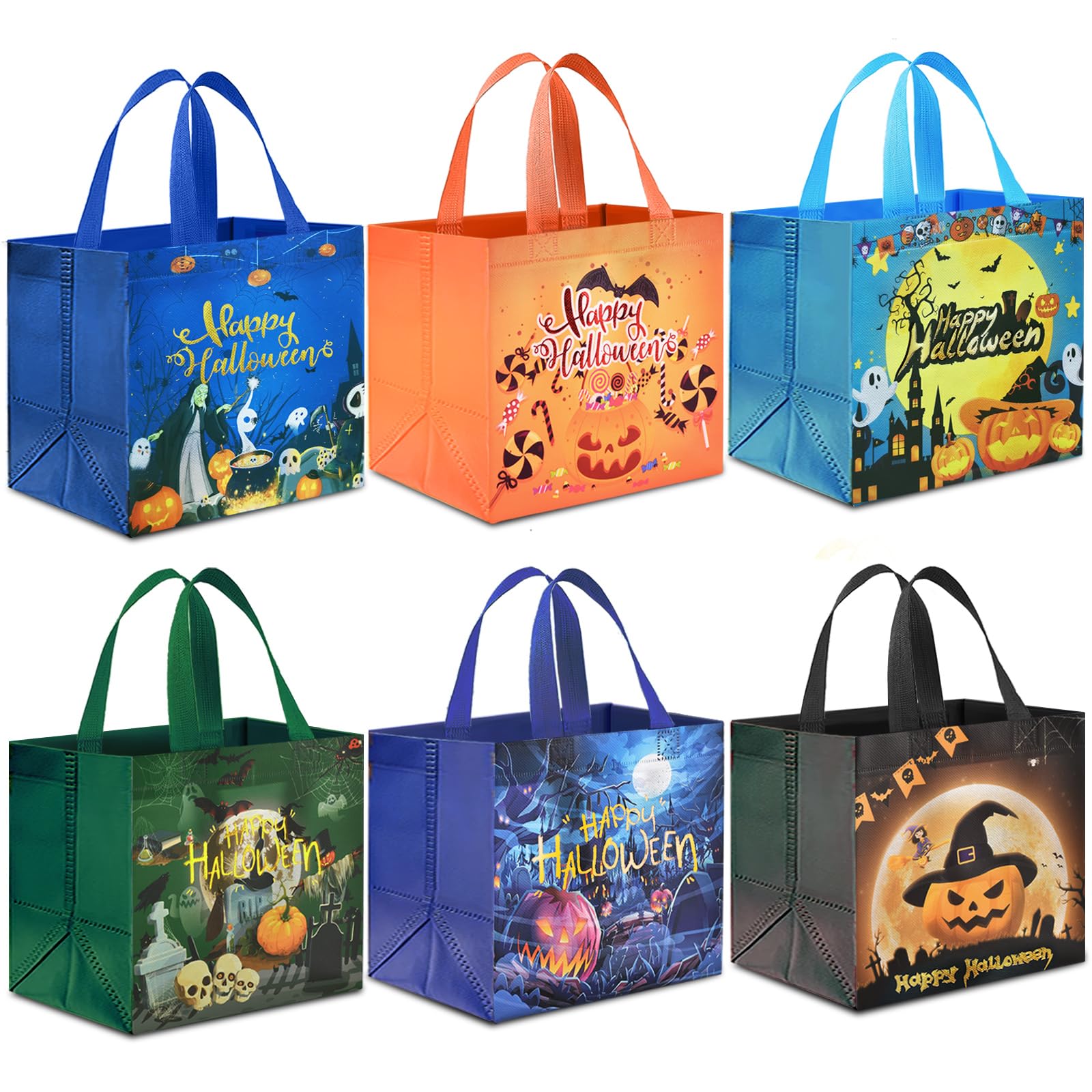 AhfuLife 6 Pcs Halloween Trick or Treat Bags, Halloween Candy Tote Bags with Handles, Reusable Halloween Non-Woven Gift Bags for Halloween Party Supplies Favors (7.8×7.8×5.9’’)