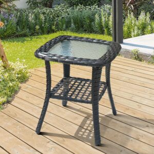 ovios patio coffee table outdoor rattan wicker side table with glass top, all weather outdoor table end table for proch balcony backyard deck, square, brown wicker