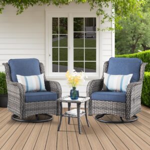 ovios 3 pieces patio rocking chairs with side table, outdoor wicker swivel chairs of 2, high back glider chairs rocker set for garden, grey rattan denim blue cushions