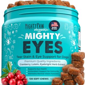 Mighty Paw Waggables Eyes (Made in USA) | Tear Stain Chews for Dogs. Vision and Tear Stain Support Eye Supplements for Dogs. Lutein Dog Tear Stain Supplement. Lubricates Eyes, Immune Support (120 Ct)