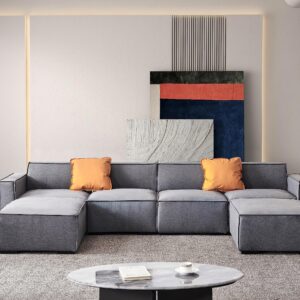 Moxoq Luxury Modern Modular U-Shaped Sectional Sofa Set, Minimalist Linen Fabric Upholstered Comfy Couch with Convertible Chaise, Large Cloud Couch for Living Room (Dark Grey, U-Shaped)