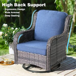 ovios 3 Pieces Patio Rocking Chairs with Side Table, Outdoor Wicker Swivel Chairs of 2, High Back Glider Chairs Rocker Set for Garden, Grey Rattan Denim Blue Cushions