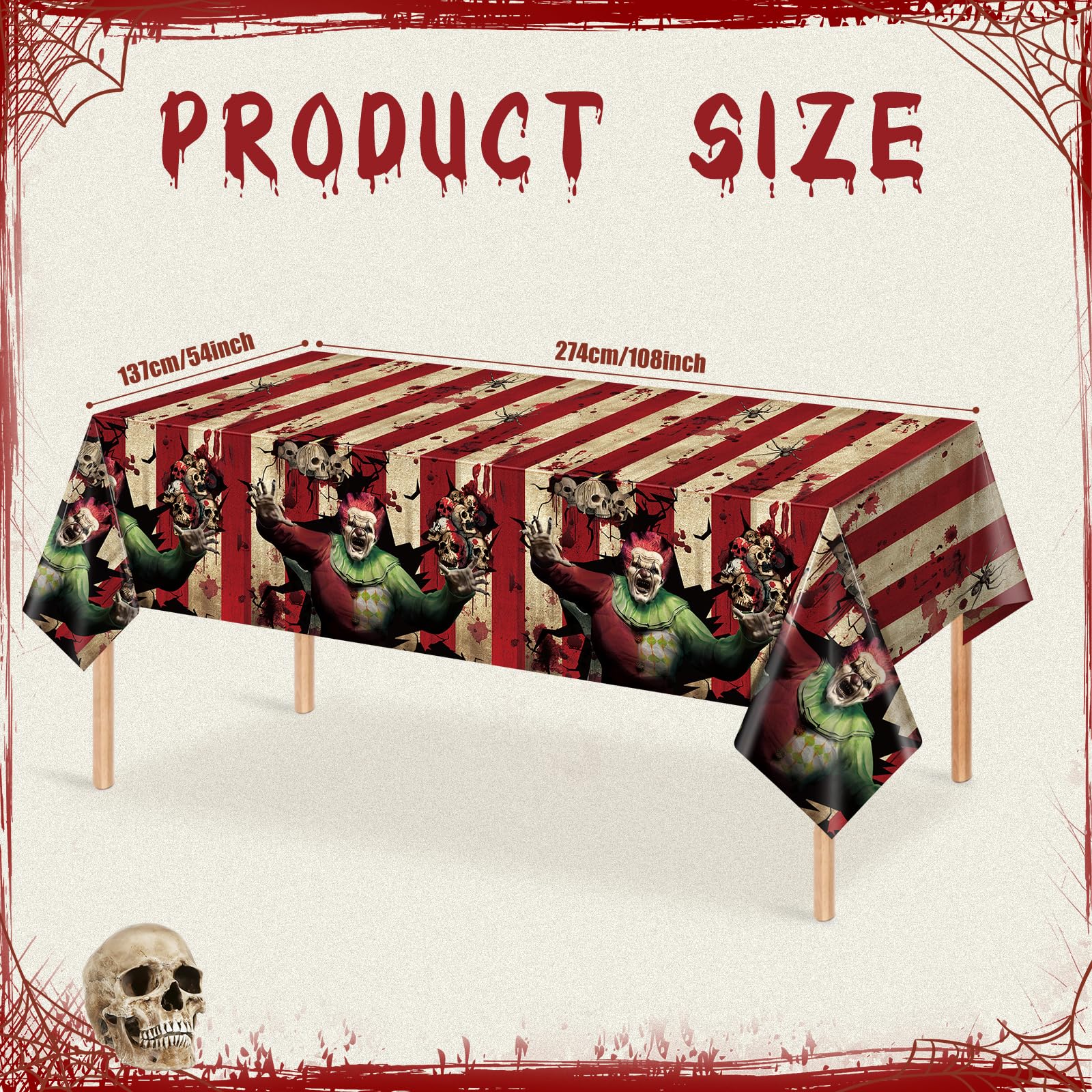 3Pcs Halloween Evil Circus Theme Tablecloth Decoration,Plastic Horrible Evil Clown Background Photography,Creepy Skull Decor Banner for Halloween Carnival Haunted House Party Supplies,54x108 inches