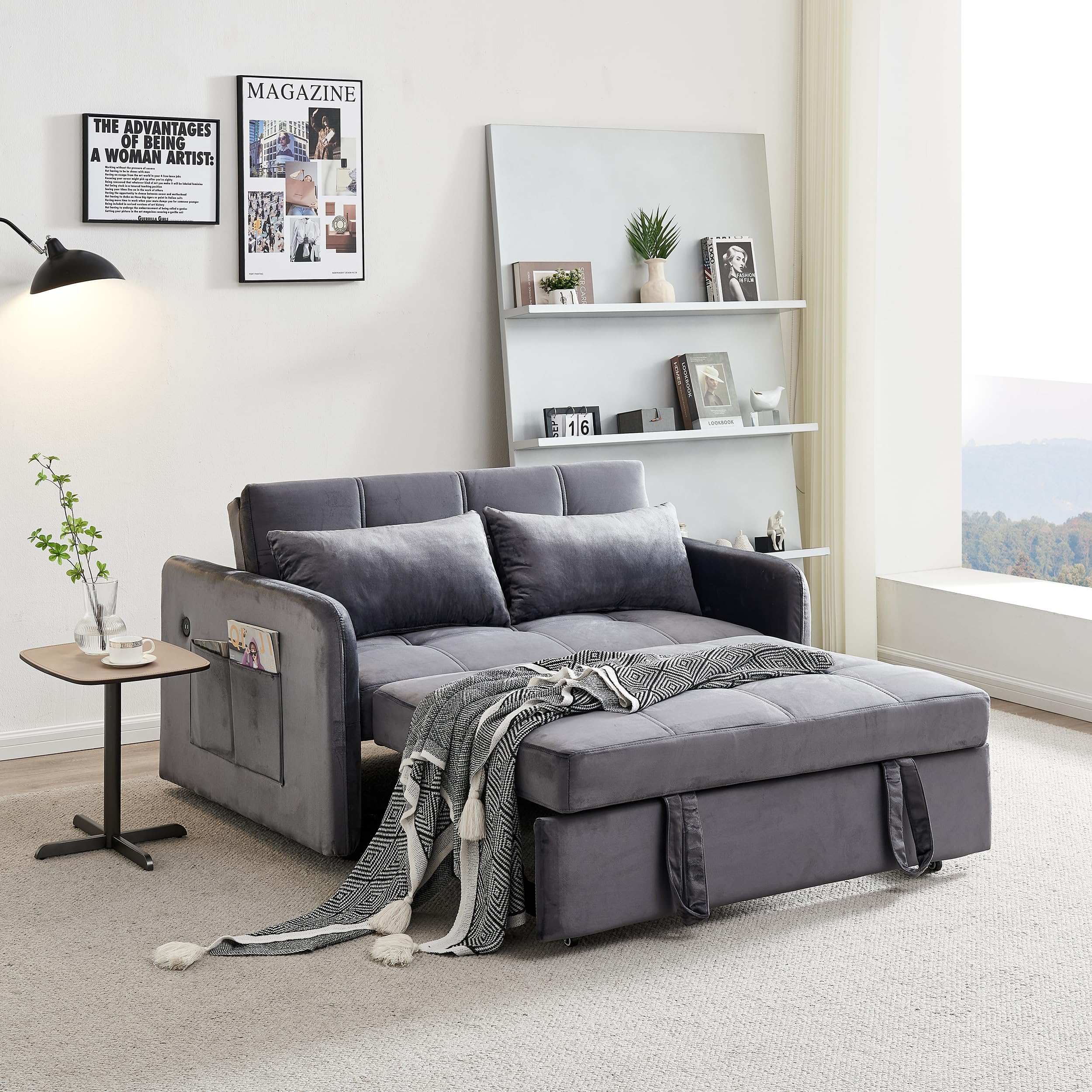 Convertible Sleeper Sofa Bed w/Pullout Bed 4-1 Multi-Functional Sofa Bed with Side Bags and USB Port Velvet Loveseat Futon Sofa Couch for Living Room or Apartments (Grey)