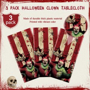 3Pcs Halloween Evil Circus Theme Tablecloth Decoration,Plastic Horrible Evil Clown Background Photography,Creepy Skull Decor Banner for Halloween Carnival Haunted House Party Supplies,54x108 inches