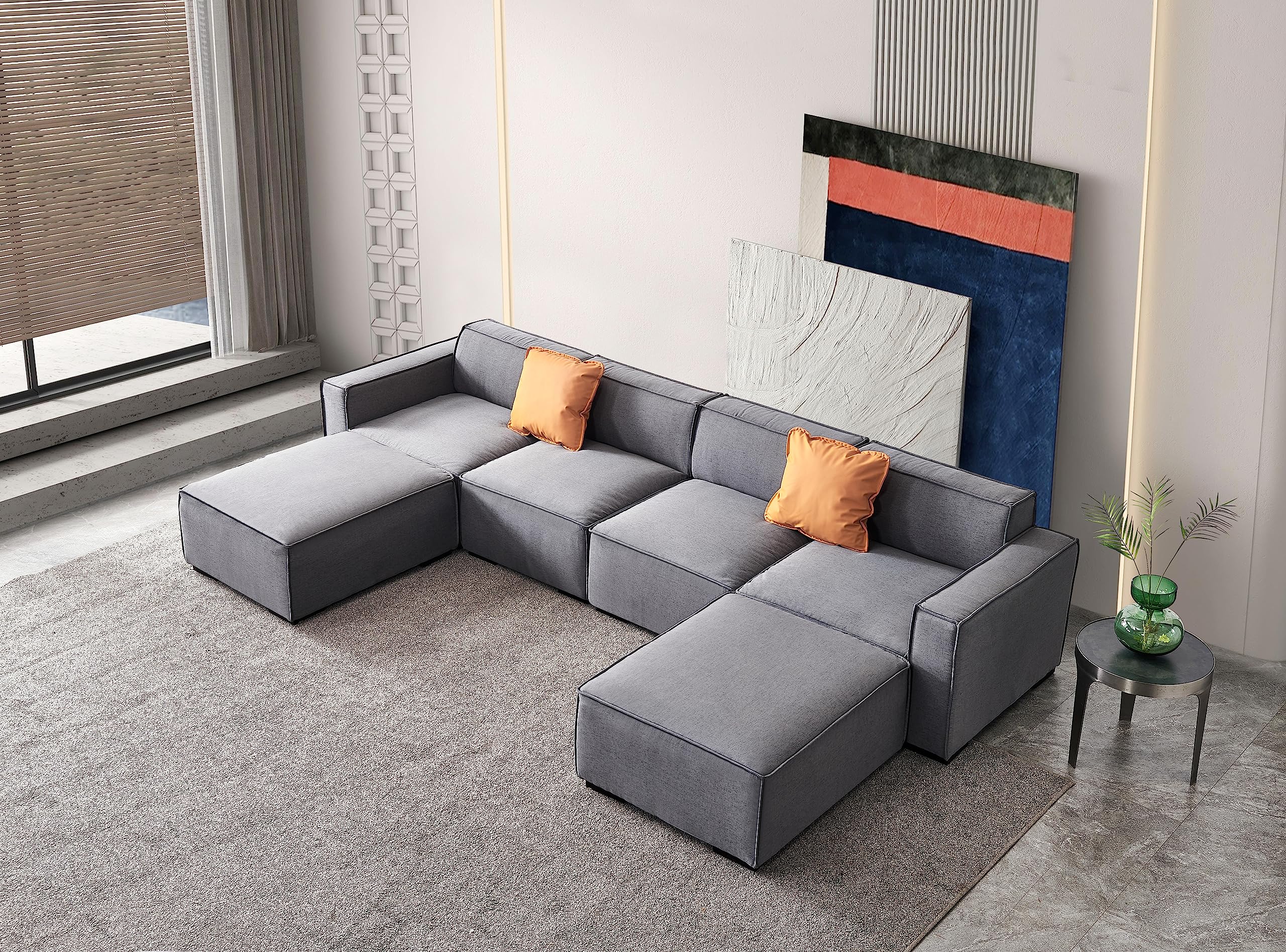 Moxoq Luxury Modern Modular U-Shaped Sectional Sofa Set, Minimalist Linen Fabric Upholstered Comfy Couch with Convertible Chaise, Large Cloud Couch for Living Room (Dark Grey, U-Shaped)