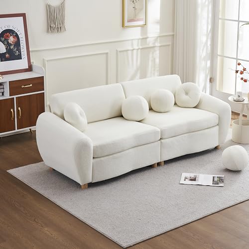 87.7" Luxury Modern Curved Sofa , Soft Comfy Teddy Fabric Upholstered Couches with 5 Decorative Throw Pillows, Solid Wood Structure and Legs ,Loveseat Sofa & Couch for Living Room/Office/Apartment