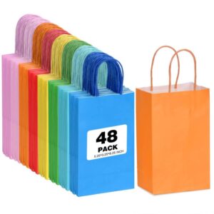 48 pack small gift bags with 8 colors kraft paper,5.25 * 3.25 * 8.25 inch party favor bags with handles for kids birthday, wedding and celebrations,party supplies and gifts