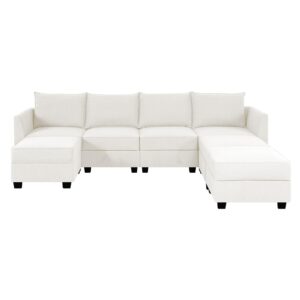 Naomi Home Elizabeth Modular Sectional Sofa Linen U Shaped Couch with Ottomans Convertible Sectional Couch 7-Seater Sofa with Storage Seat, L- Shaped Sectional Sofa - White Down