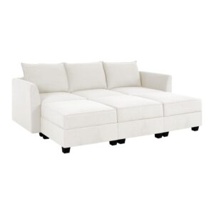 Naomi Home Elizabeth Modular Sofa Sectional Sleeper Couch with Ottoman Linen - 6-Seater Sofa with Storage Seat - Convertible Sectional Sofa Couch Bed for Living Room - White