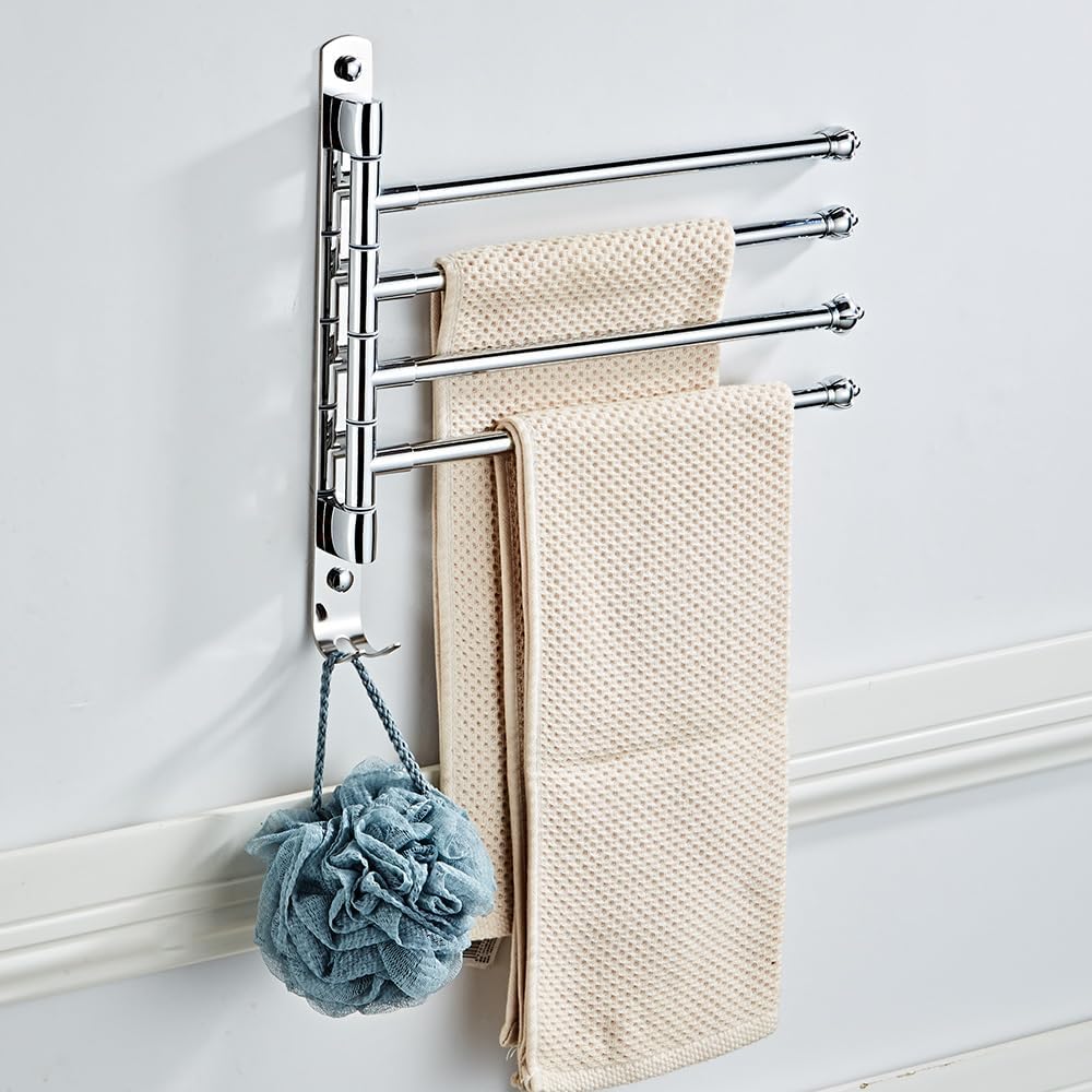 OURVII Bathroom Towel Rack Swivel Hanger Towel Bar Wall Mounted Space Saving Storage Organizer Hanging Holder 12 Inch (Stainless Steel, Bright Silver 4-Arm)