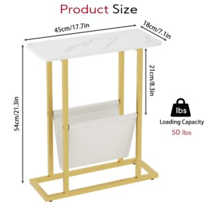 Yusong Small Narrow Side Table for Small Spaces, 17.7" W Slim End Table Magazine Table Nighstand with Storage Holder, Accent Skinny Snack Couch Bedside Table, Gold White, Complete Iron Pipes