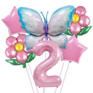 2nd birthday decorations butterfly balloon,pink blue butterfly fairy floral foil balloons for girl 2 years old birthday party decorations baby shower supplies…