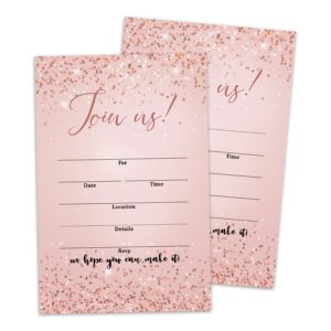 set of 25 all occasion rose gold invitations with envelopes- join us invitations, pink gold invites for bridal shower wedding engagement birthday retirement grad fill in style invites cards -006