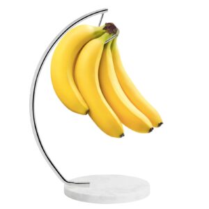 livabber banana holder with marble base, metal banana hanger modern tree stand with hook, stylish banana keeper fresh fruit storage organizer freestanding for kitchen countertop (chrome, single hook)