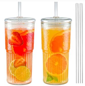 glass cups with lids and glass straws, 20oz drinking glasses 2pcs, glass tumbler with straw and lid high borosilicate glass tumbler iced coffee cup water glass cups