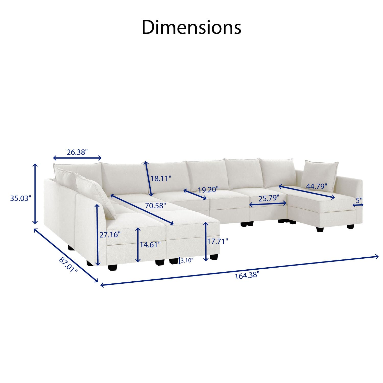 Naomi Home Elizabeth Convertible U Shaped Modular Sofa Sectional Modular Couch with Chaise Oversized Sofa Sleeper Couch for Large Living Room - White