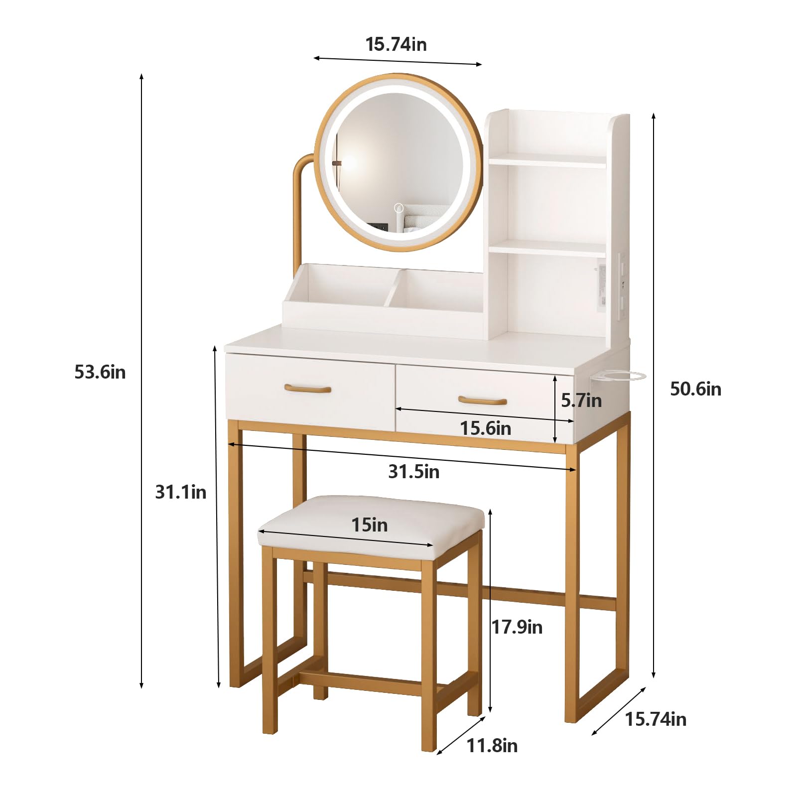 Makeup Vanity with Round Mirror and Lights, White Vanity Makeup Table with Charging Station, Small Vanity Table for Bedroom, 3 Lighting Modes, 31.5in(L)