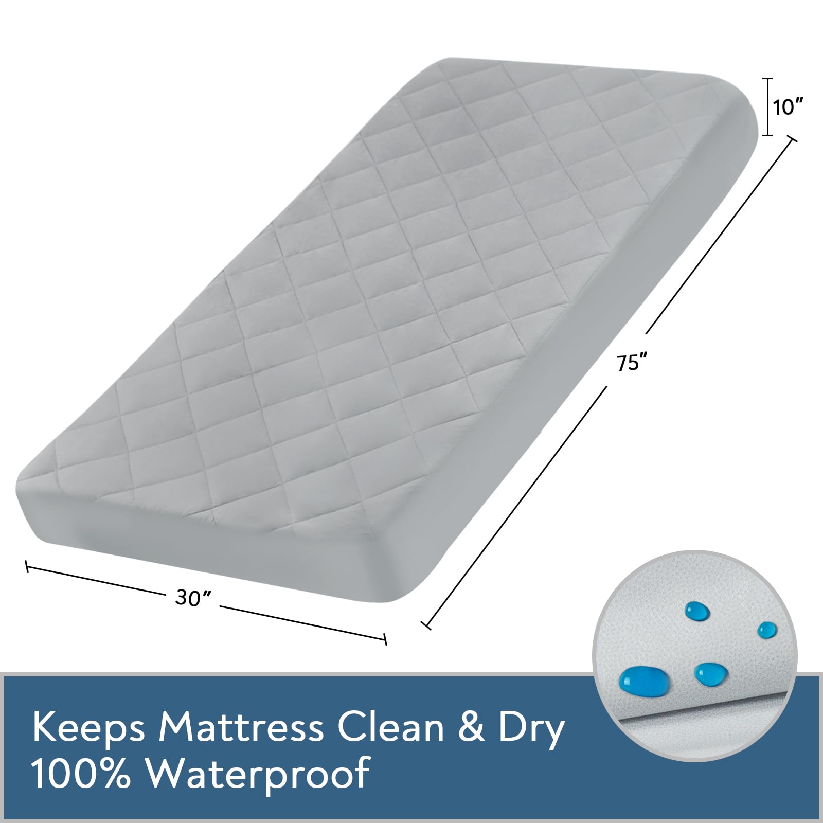 Cot Mattress Pad Waterproof Quilted, Fitted Cot Size Mattress Pads Protector Cover 30" X 75" for Narrow Twin Bunk Bed, Cot Mattress Topper for Camping Sleep, Grey (Cover Only)