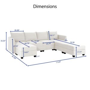 Naomi Home Elizabeth Modular Sectional Sofa Linen U Shaped Couch with Ottomans Convertible Sectional Couch 7-Seater Sofa with Storage Seat, L- Shaped Sectional Sofa - White Down