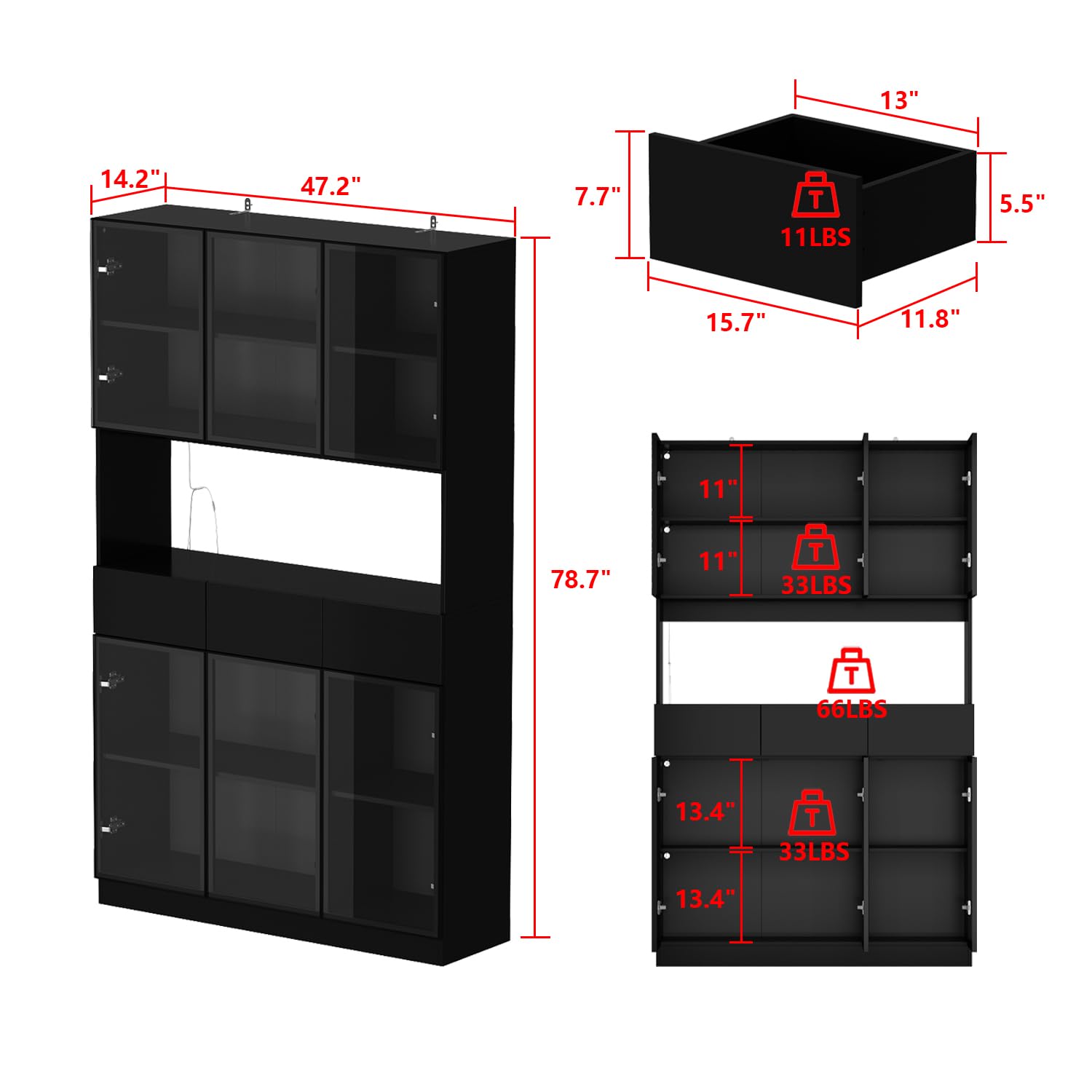 Hitow Glass Door Cabinet with Lights and 8 Storage Shelves, Tall Modern Display Storage Organizer with Hutch, 2 Drawers and 2 Doors, Wooden Bookcase Bookshelf for Living Room, Home Office, Black