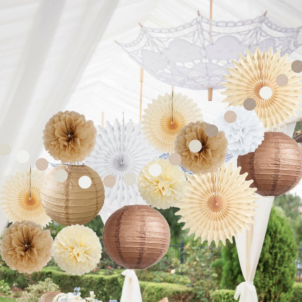 Neutral Party Decorations Boho Brown and Cream Party Decorations Tan Brown Paper Lanterns Fans Beige White Pom Poms with Circle Garland for Rustic Baby Shower Bridal Shower Birthday Wedding Engagement