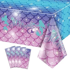 4 pcs mermaid tablecloths, rectangular mermaid table covers, disposable mermaid table cloths for parties under the sea baby shower mermaid birthday decorations mermaid party supplies, 51x86 inch