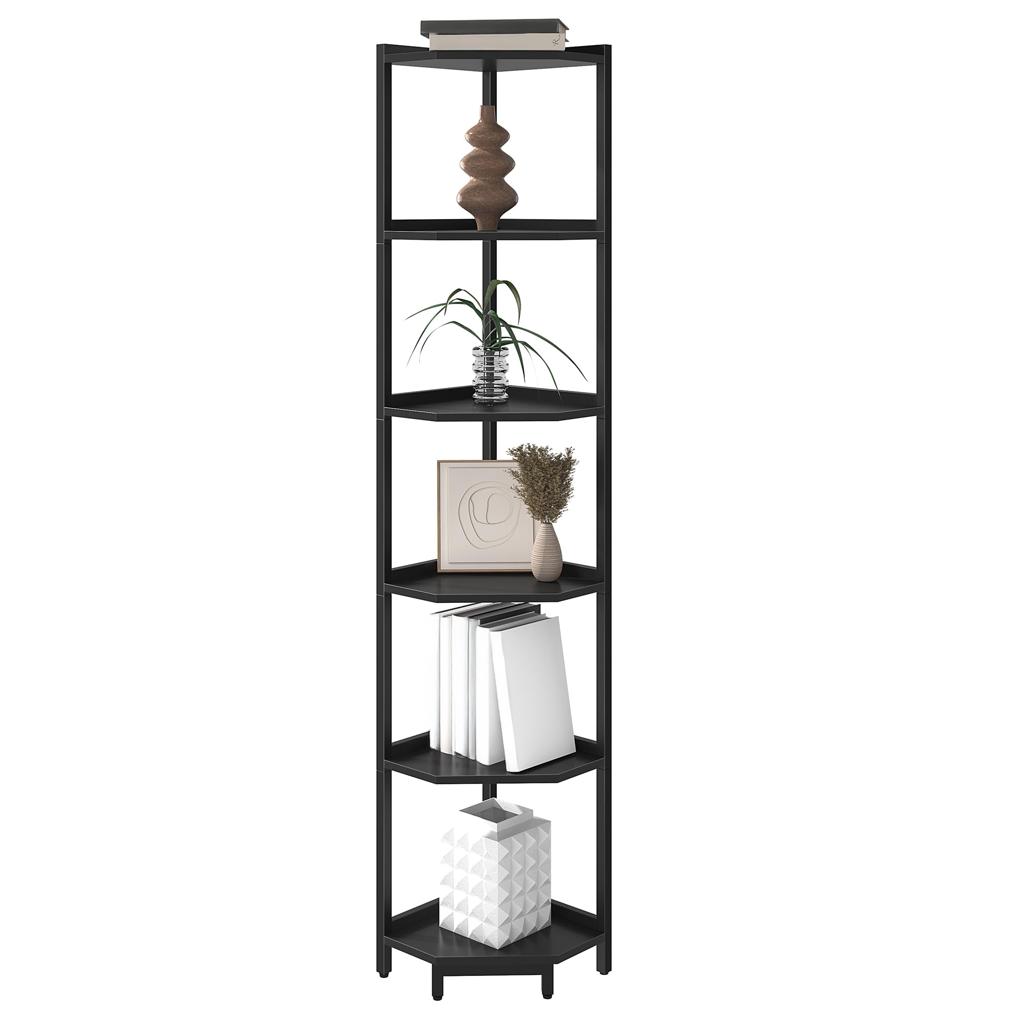 Hzuaneri Corner Shelf Stand, Corner Bookshelf, Storage Standing Shelf Unit with Metal Frame, Plant Stand, Corner Bookcase for Living Room, Home Office, Bedroom, 6-Tier Black CS06006B