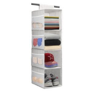 petshome 4-shelf hanging closet organizer, space saver, closet hanging storage shelves with mesh pockets & magic tap for storage, foldable-grey