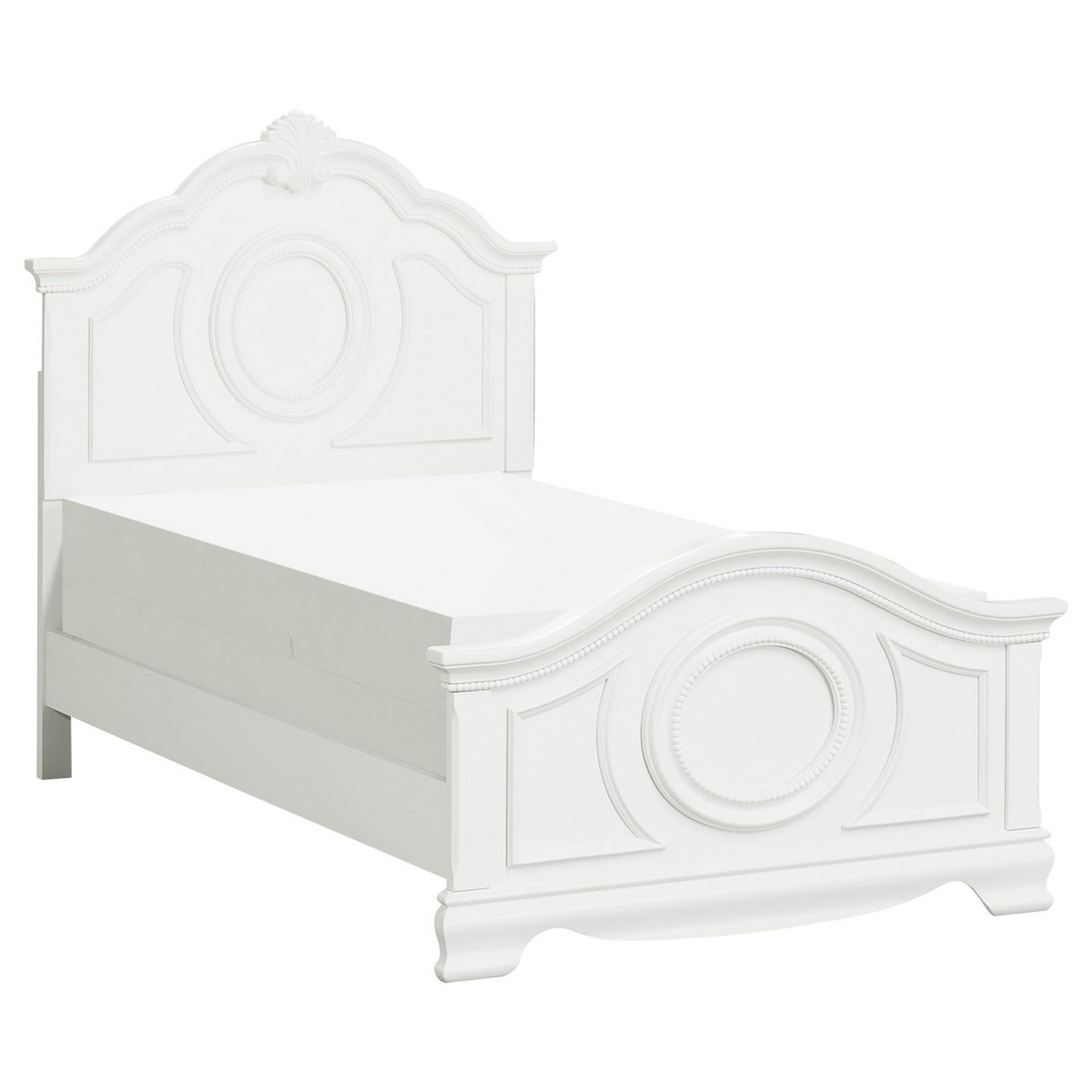 Benjara BM295825 Lilya Traditional Bead Molding & Shell Motif Bed Crisp White - Full Size