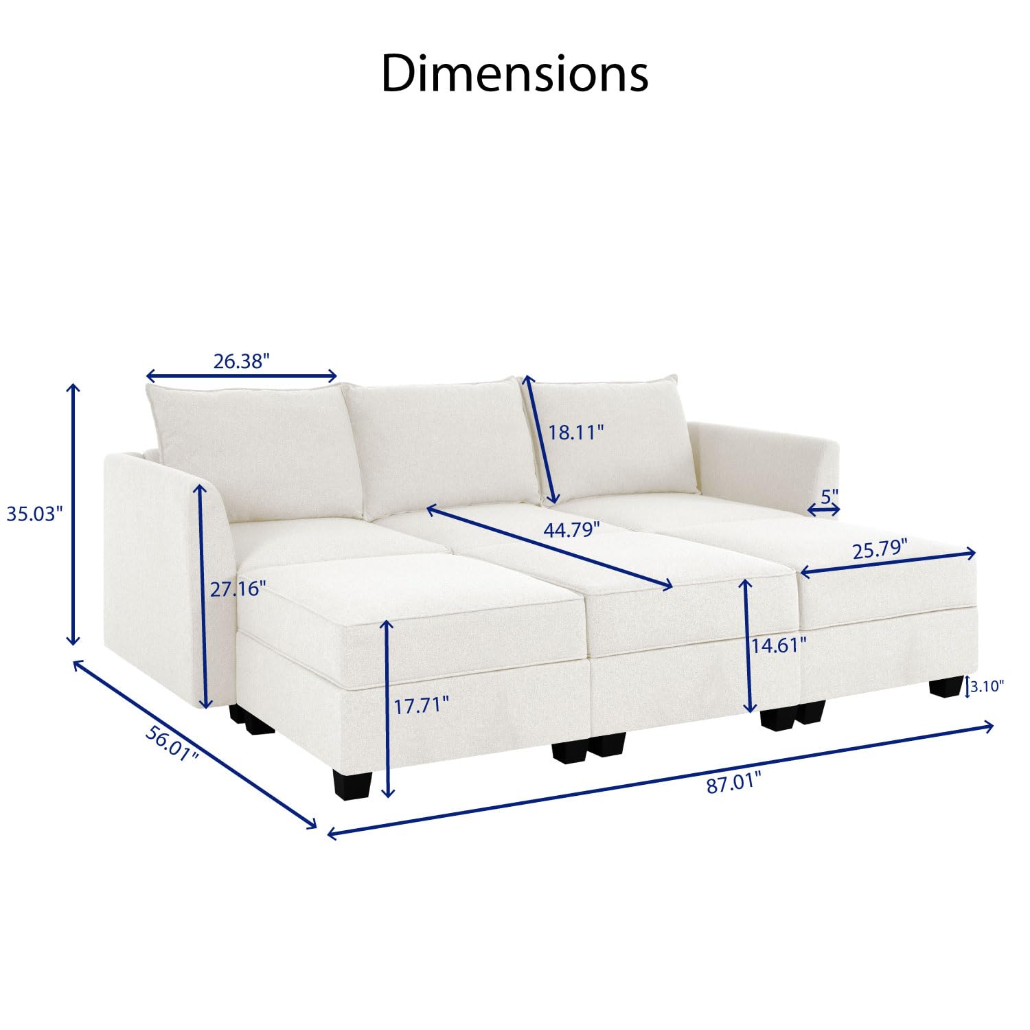 Naomi Home Elizabeth Modular Sofa Sectional Sleeper Couch with Ottoman Linen - 6-Seater Sofa with Storage Seat - Convertible Sectional Sofa Couch Bed for Living Room - White