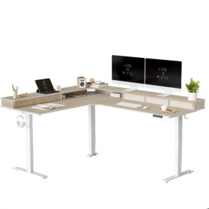 fezibo triple motor 75" l shaped standing desk with 5 drawers, reversible electric standing gaming desk adjustable height, corner stand up desk with splice board, white frame/light walnut top