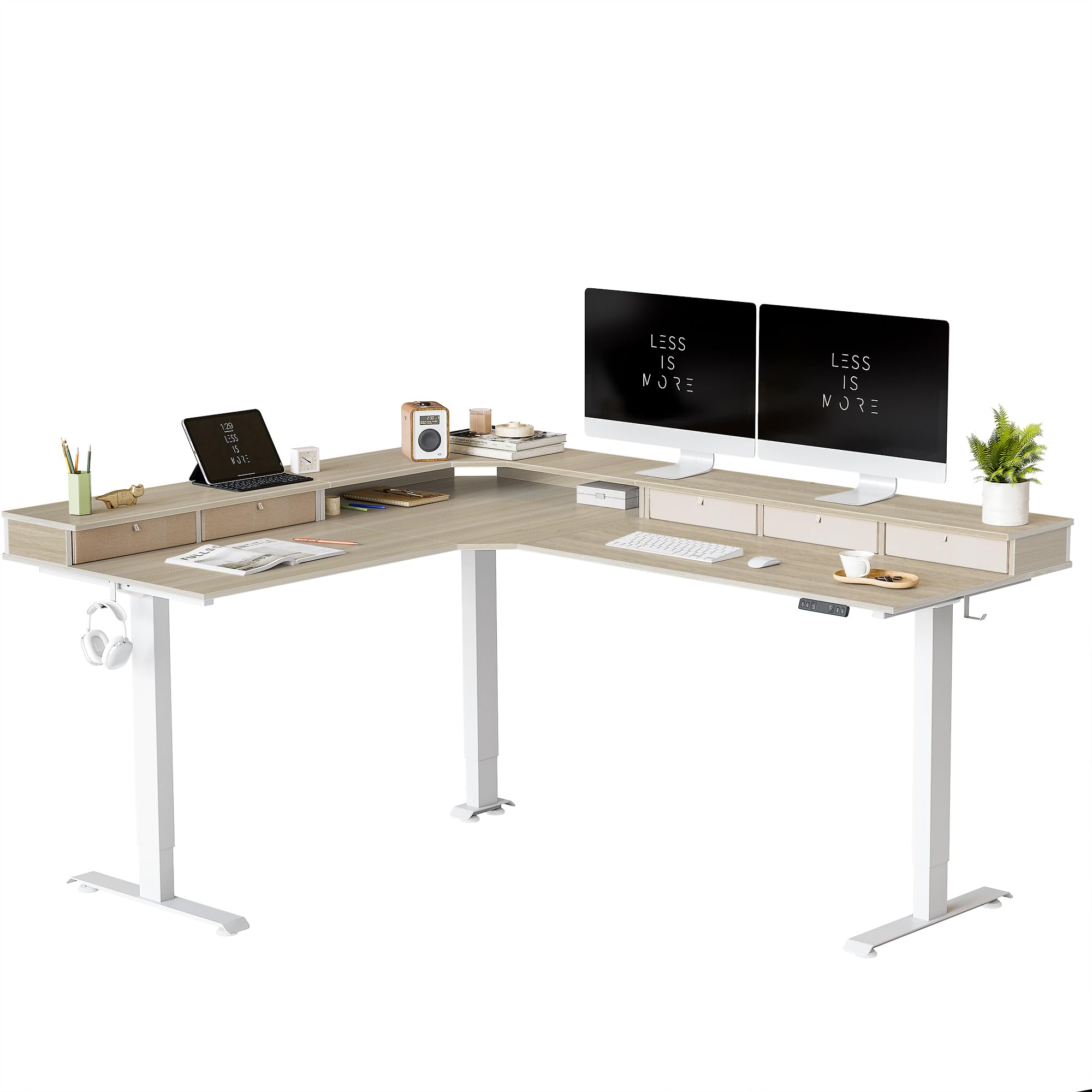 FEZIBO Triple Motor 75" L Shaped Standing Desk with 5 Drawers, Reversible Electric Standing Gaming Desk Adjustable Height, Corner Stand up Desk with Splice Board, White Frame/Light Walnut Top