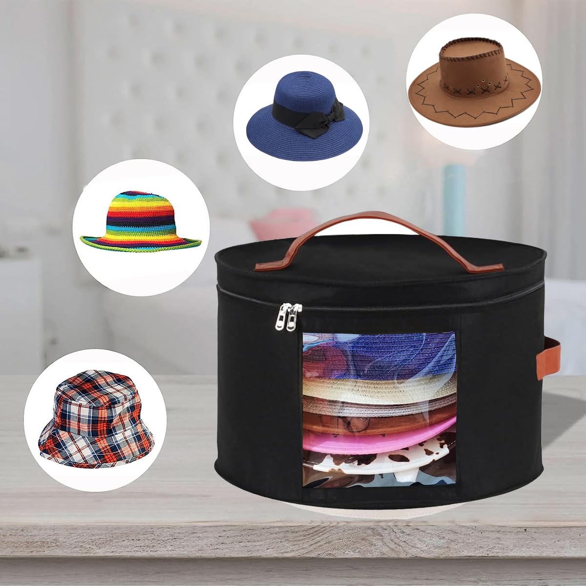 Memfish Hat Box-Hat Boxes for Women Storage Travel Hat Box Large Round Hat Carrier Case Organizer Wide-Brim Cowboy Men Cowboys Caps Clothes Closet Storage Foldable Hat Box with Lids(Black)