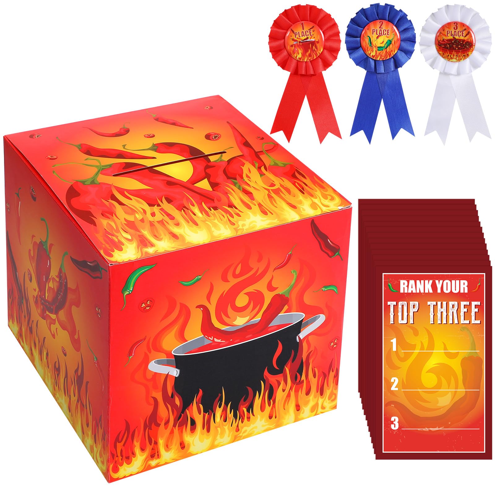 Tenceur Chili Cook off Contest Ballot Box with 50 Pcs Voting Cards and 3 Pcs Trophy Award Ribbons for Chili Cook off Game Award Prizes Party Supplies Decorations Cook Chef, Assembly Needed