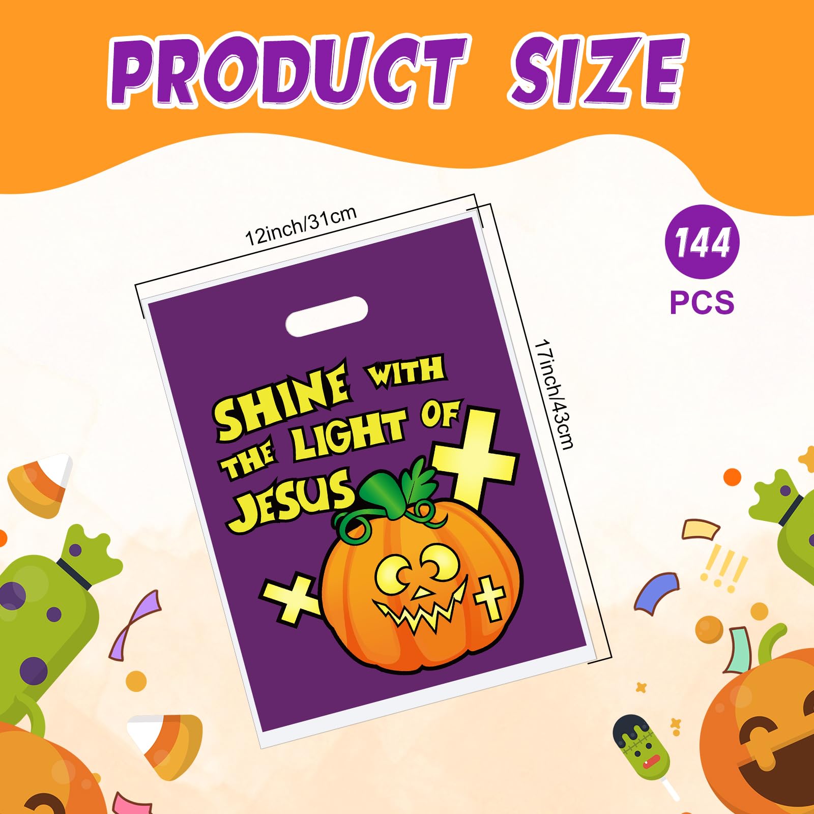 72 Pcs Halloween Christian Pumpkin Plastic Bags 12 x 17 Inch Halloween Treat Bags with Handle Halloween Goody Gift Bags for Trick or Treat Bags Halloween Party Favor