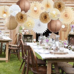 Neutral Party Decorations Boho Brown and Cream Party Decorations Tan Brown Paper Lanterns Fans Beige White Pom Poms with Circle Garland for Rustic Baby Shower Bridal Shower Birthday Wedding Engagement