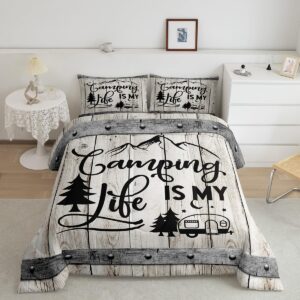 manfei happy camping comforter set queen size, camper rv trailer quilt set with 2 pillowcases, vintage grey wooden bedding set 3pcs for kids boys girls adults rustic farmhouse duvet insert