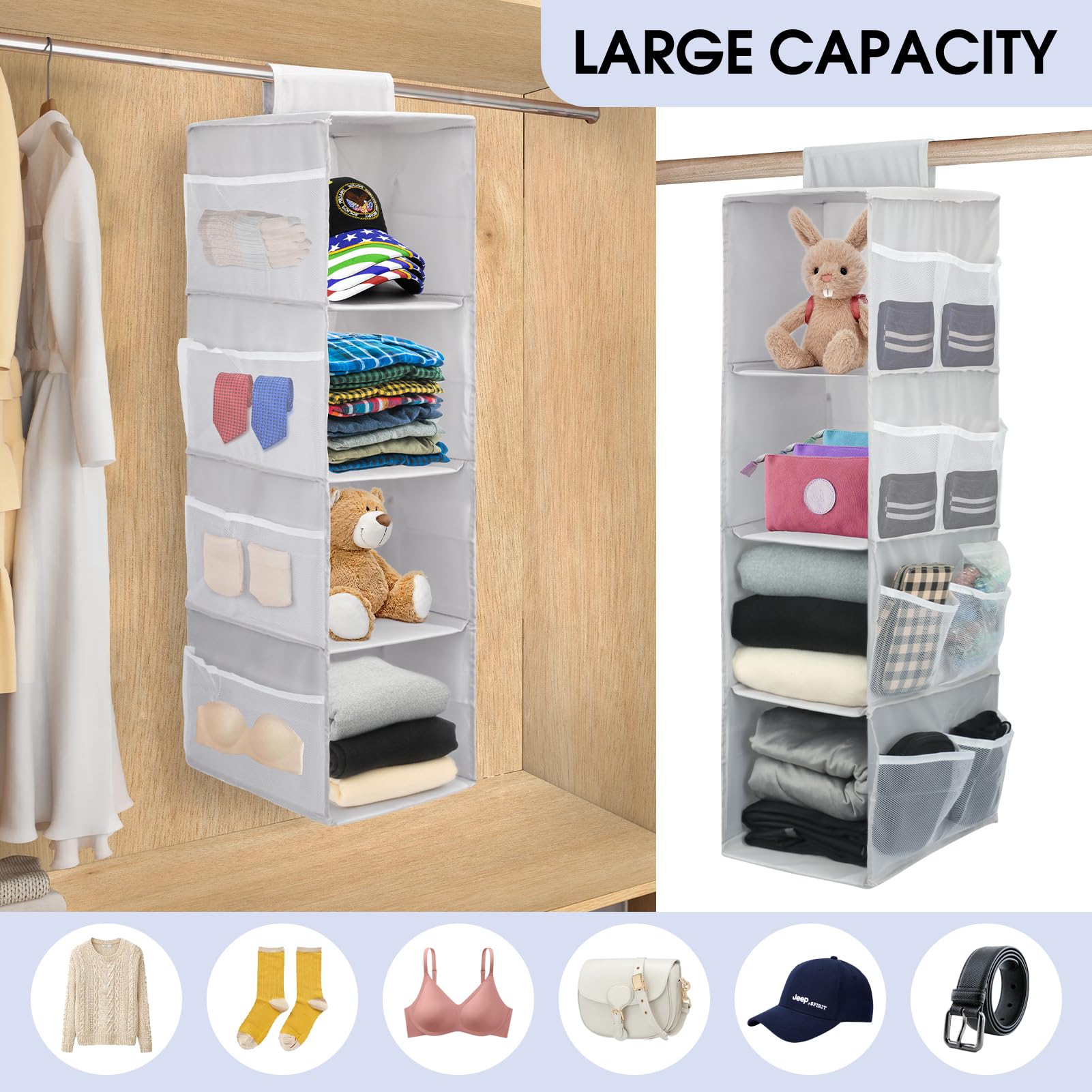 PetsHome 4-Shelf Hanging Closet Organizer, Space Saver, Closet Hanging Storage Shelves with Mesh Pockets & Magic Tap for Storage, Foldable-Grey