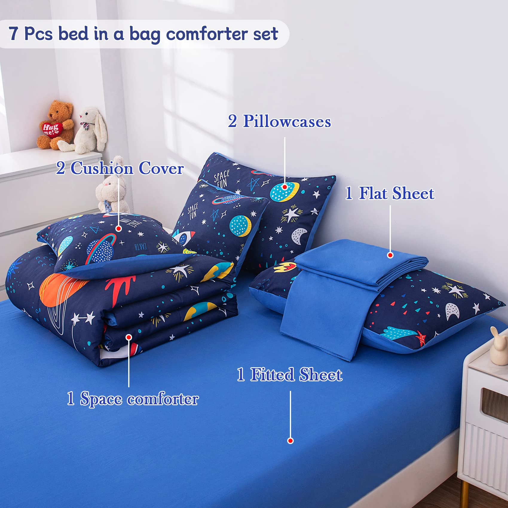 Kids Bedding Sets for Boys Girls Space Bedding,Galaxy Bedding Full Size,Kids Comforter Sets Boys 7pieces,Full Size Bedding Sets with Comforter and Sheets