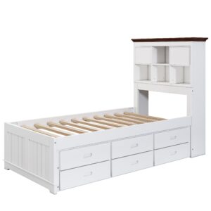 Twin Captain Bed with Trundle and Storage Drawers, Wood Platform Bed with Bookcase Headboard, White Bed Frame with Slat Support for Kids Boys Girls Teens