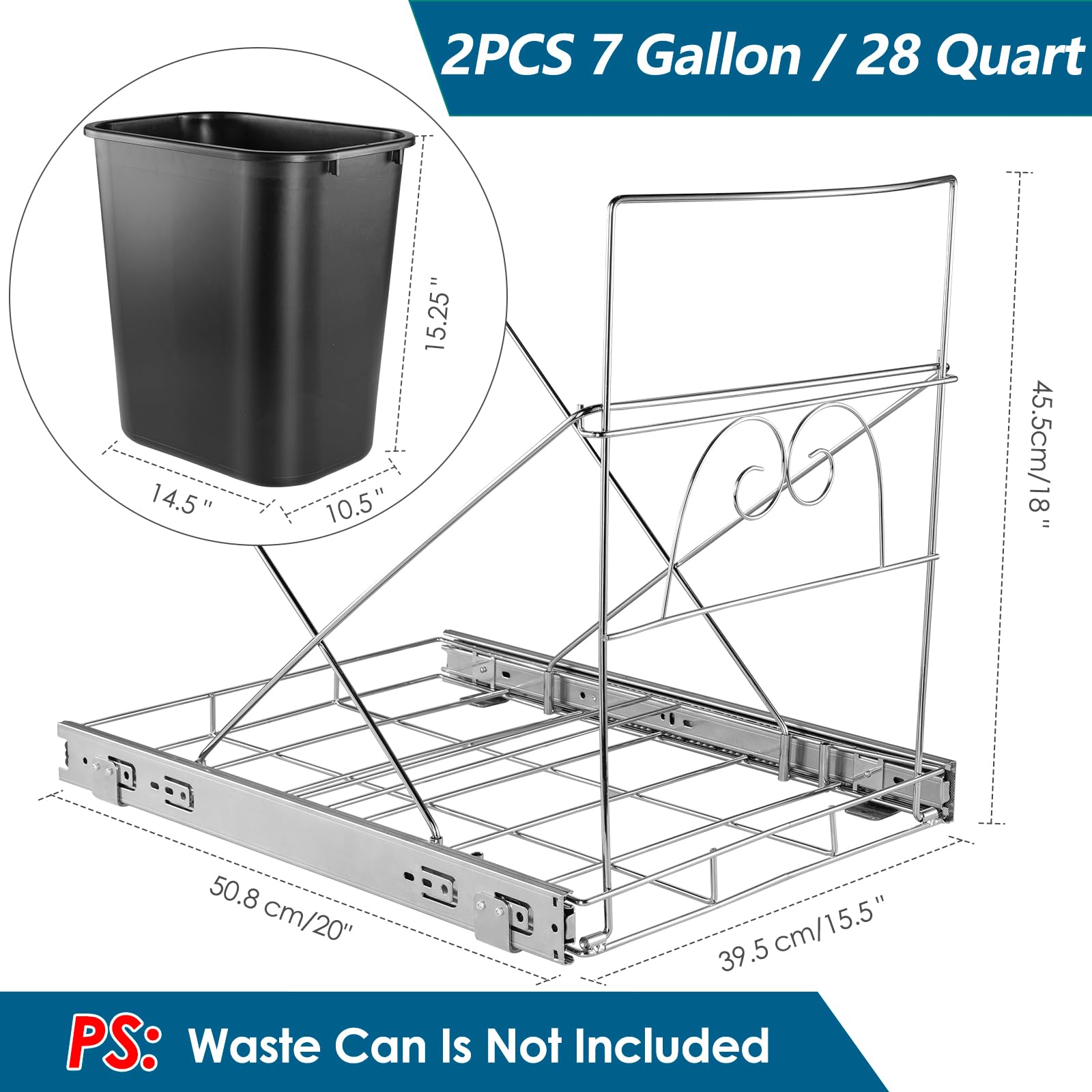 Pektiftn Double Pull Out Trash Can Under Cabinet, Under Sink Trash Can Pull Out Shelf Kit,Dual Compartment Slide Out Rack Rail for Kitchen Recycle Bins (Not Included Trash Can，Stainless Steel)